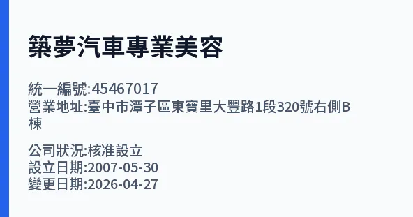 築夢汽車專業美容的照片-統編 45467017(臺中市) 公司登記資料與營業項目詳細圖表