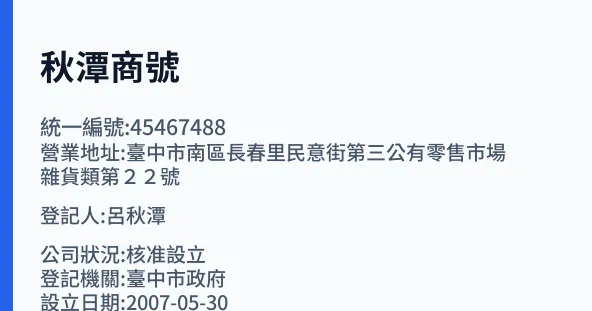秋潭商號的照片-統編 45467488(臺中市) 公司登記資料與營業項目詳細圖表