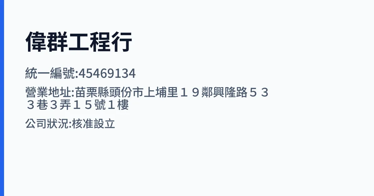 偉群工程行 - 統編 45469134(苗栗縣) 公司登記資料與營業項目詳細圖表