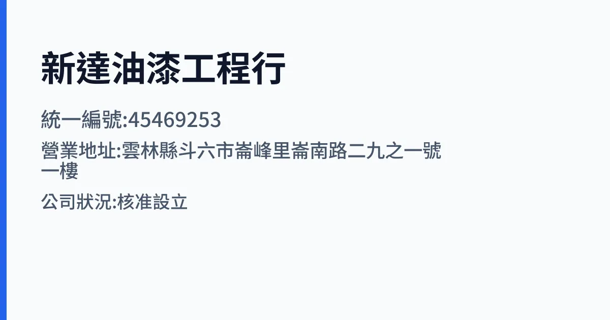 新達油漆工程行 - 統編 45469253(雲林縣) 公司登記資料與營業項目詳細圖表
