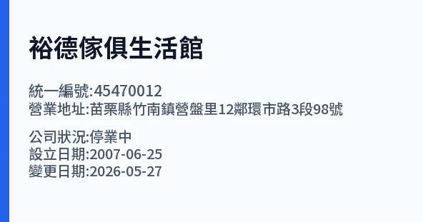 裕德傢俱生活館的照片-統編 45470012(苗栗縣) 公司登記資料與營業項目詳細圖表