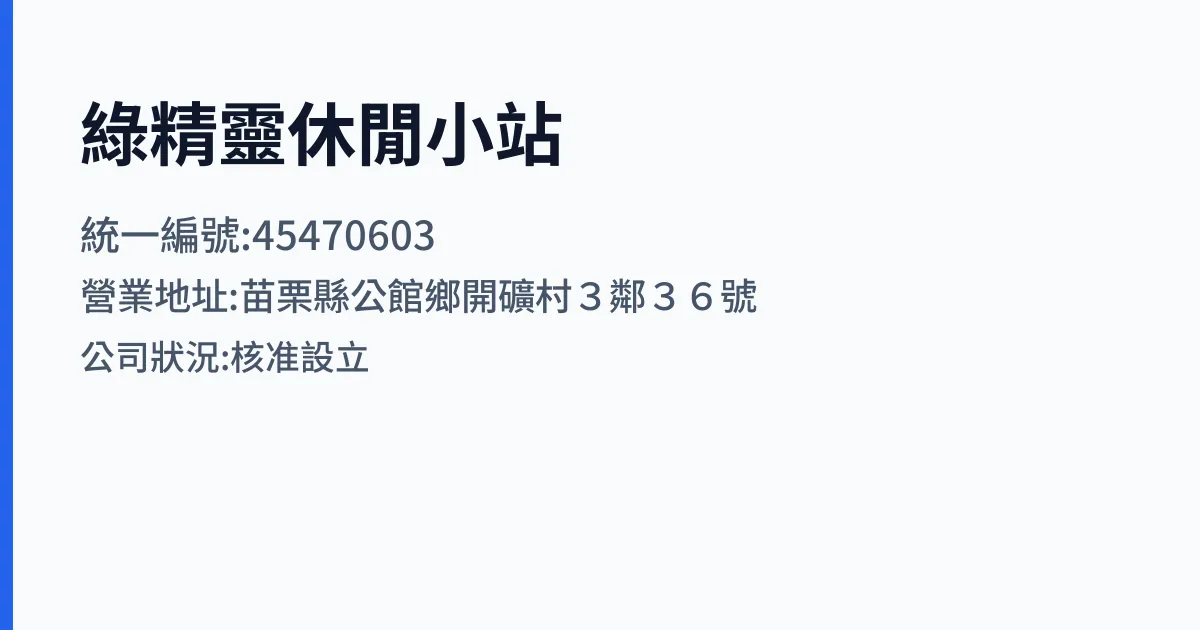 綠精靈休閒小站 - 統編 45470603(苗栗縣) 公司登記資料與營業項目詳細圖表