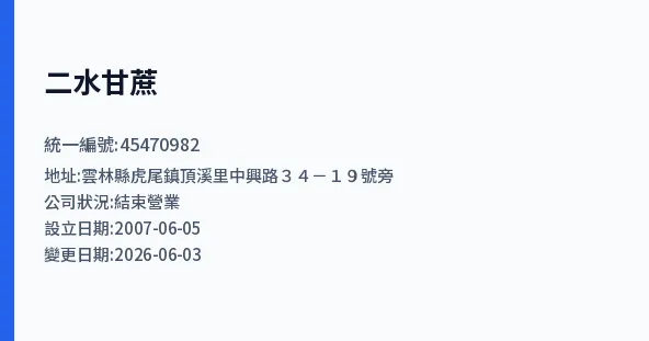 二水甘蔗的照片-統編 45470982(雲林縣) 公司登記資料與營業項目詳細圖表
