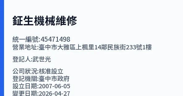 鉦生機械維修的照片-統編 45471498(臺中市) 公司登記資料與營業項目詳細圖表