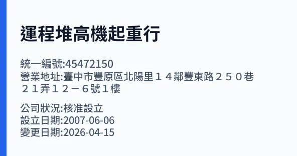 運程堆高機起重行的照片-統編 45472150(臺中市) 公司登記資料與營業項目詳細圖表