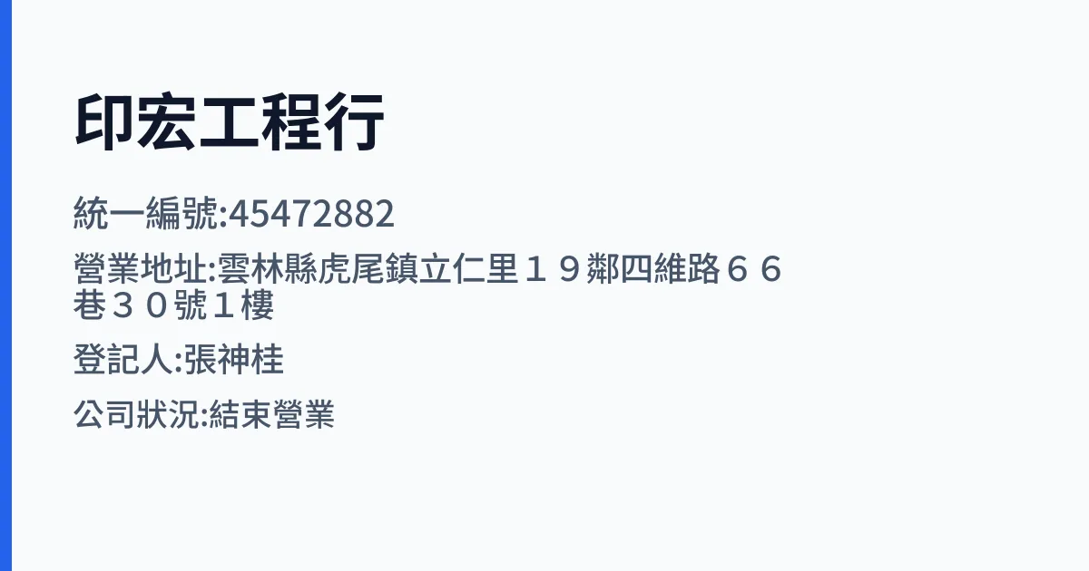 印宏工程行 - 統編 45472882(雲林縣) 公司登記資料與營業項目詳細圖表
