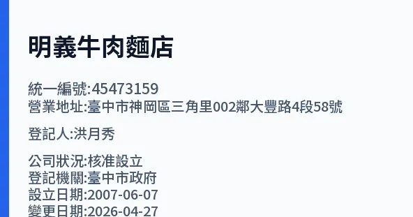 明義牛肉麵店的照片-統編 45473159(臺中市) 公司登記資料與營業項目詳細圖表