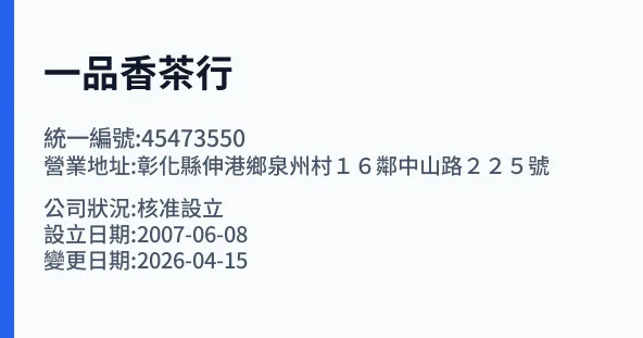 一品香茶行的照片-統編 45473550(彰化縣) 公司登記資料與營業項目詳細圖表