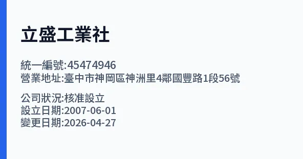 立盛工業社的照片-統編 45474946(臺中市) 公司登記資料與營業項目詳細圖表