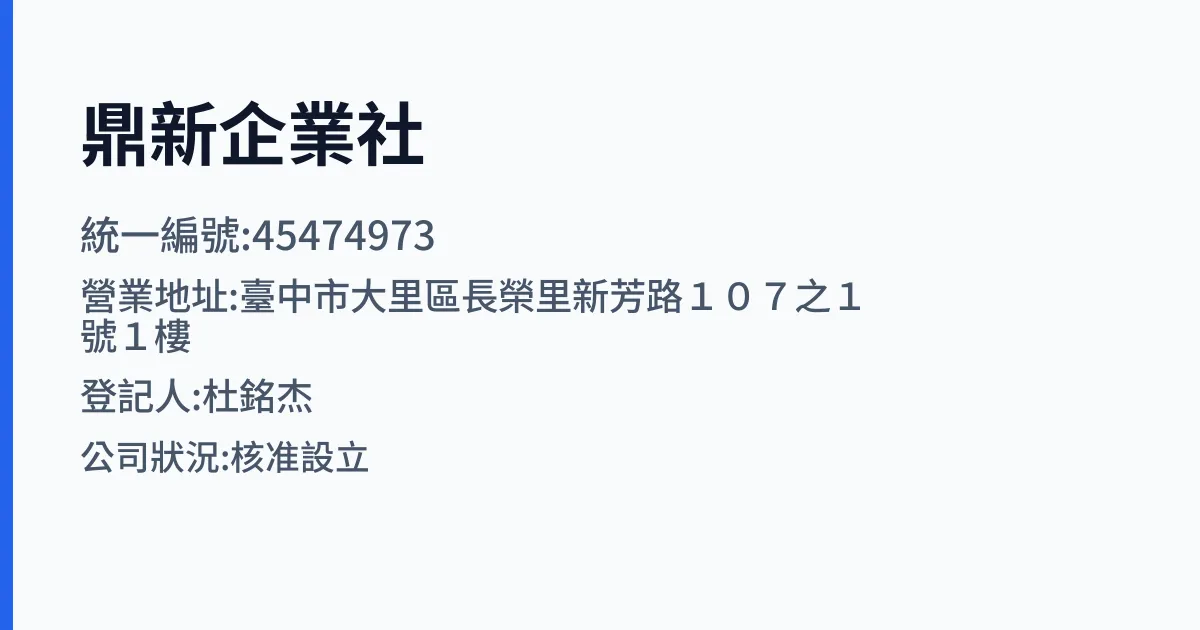 鼎新企業社 - 統編 45474973(臺中市) 公司登記資料與營業項目詳細圖表