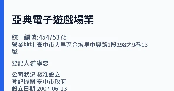 亞典電子遊戲場業的照片-統編 45475375(臺中市) 公司登記資料與營業項目詳細圖表