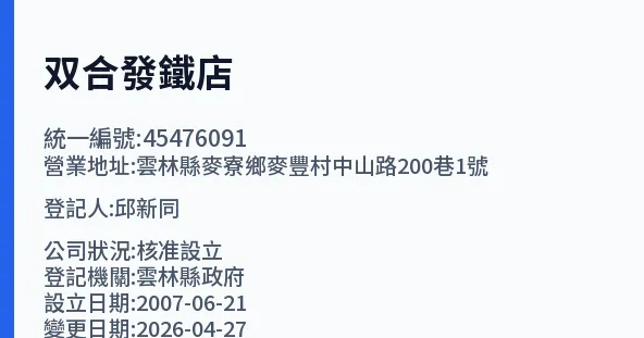 双合發鐵店的照片-統編 45476091(雲林縣) 公司登記資料與營業項目詳細圖表