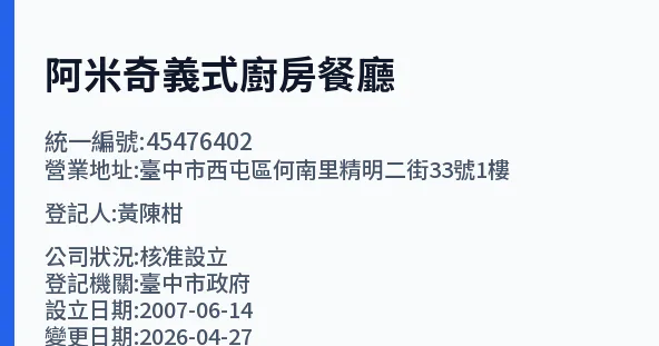 阿米奇義式廚房餐廳的照片-統編 45476402(臺中市) 公司登記資料與營業項目詳細圖表