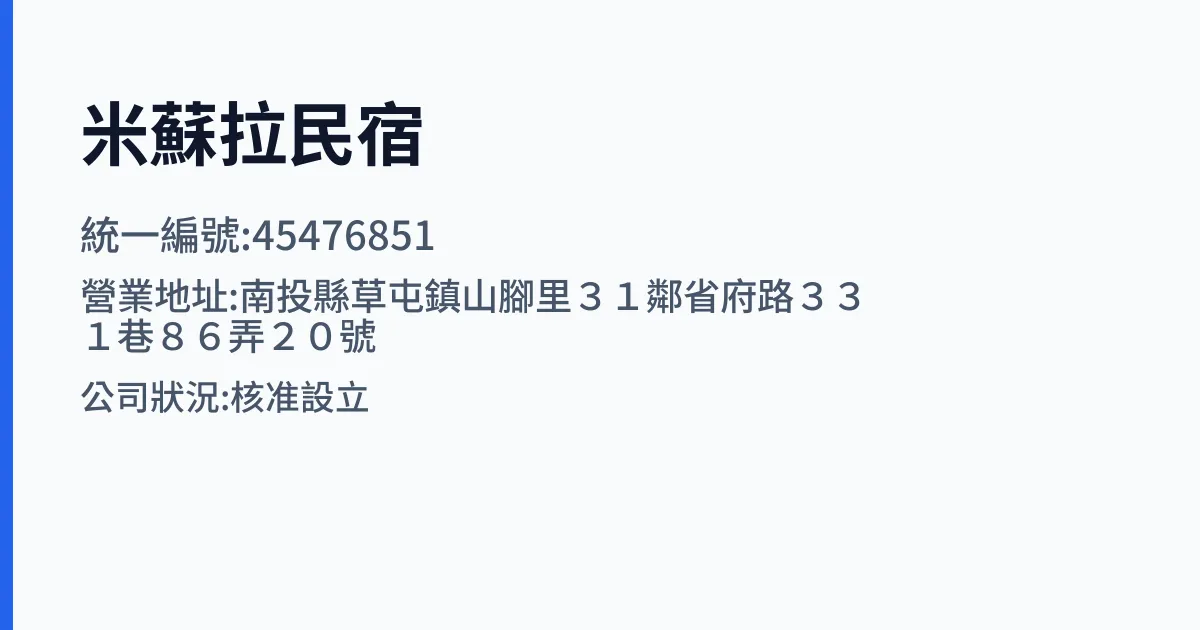 米蘇拉民宿 - 統編 45476851(南投縣) 公司登記資料與營業項目詳細圖表