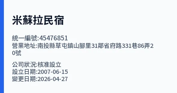 米蘇拉民宿的照片-統編 45476851(南投縣) 公司登記資料與營業項目詳細圖表
