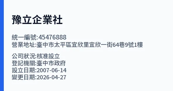 豫立企業社的照片-統編 45476888(臺中市) 公司登記資料與營業項目詳細圖表