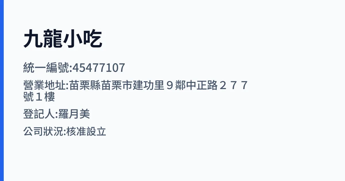 九龍小吃 - 統編 45477107(苗栗縣) 公司登記資料與營業項目詳細圖表