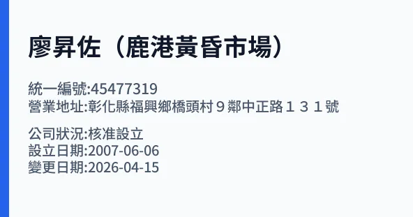 廖昇佐（鹿港黃昏市場）的照片-統編 45477319(彰化縣) 公司登記資料與營業項目詳細圖表