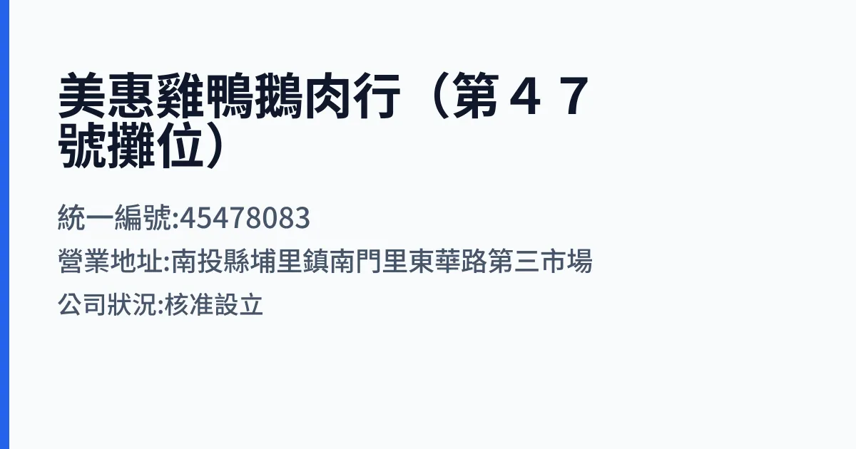 美惠雞鴨鵝肉行（第４７號攤位） - 統編 45478083(南投縣) 公司登記資料與營業項目詳細圖表