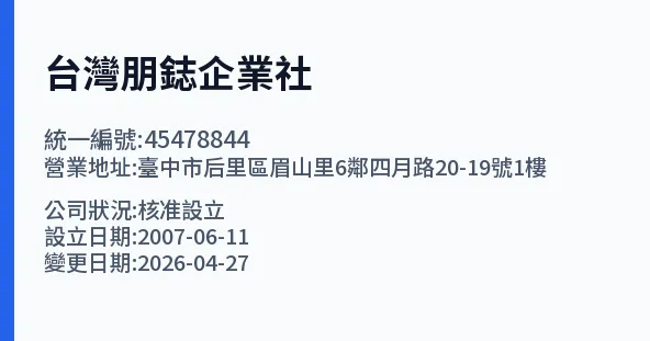台灣朋鋕企業社的照片-統編 45478844(臺中市) 公司登記資料與營業項目詳細圖表