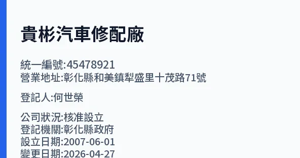 貴彬汽車修配廠的照片-統編 45478921(彰化縣) 公司登記資料與營業項目詳細圖表