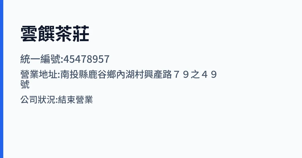 雲饌茶莊 - 統編 45478957(南投縣) 公司登記資料與營業項目詳細圖表