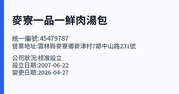 麥寮一品一鮮肉湯包的照片-統編 45479787(雲林縣) 公司登記資料與營業項目詳細圖表