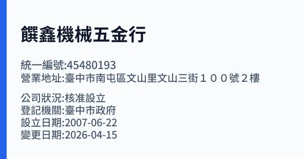 饌鑫機械五金行的照片-統編 45480193(臺中市) 公司登記資料與營業項目詳細圖表
