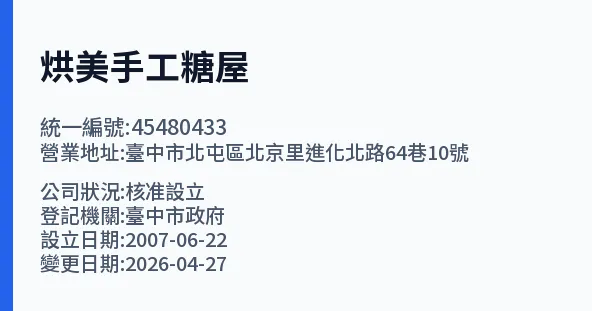 烘美手工糖屋的照片-統編 45480433(臺中市) 公司登記資料與營業項目詳細圖表