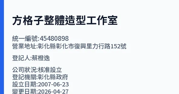 方格子整體造型工作室的照片-統編 45480898(彰化縣) 公司登記資料與營業項目詳細圖表
