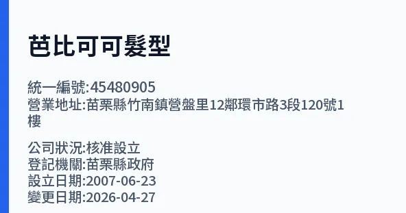 芭比可可髮型的照片-統編 45480905(苗栗縣) 公司登記資料與營業項目詳細圖表