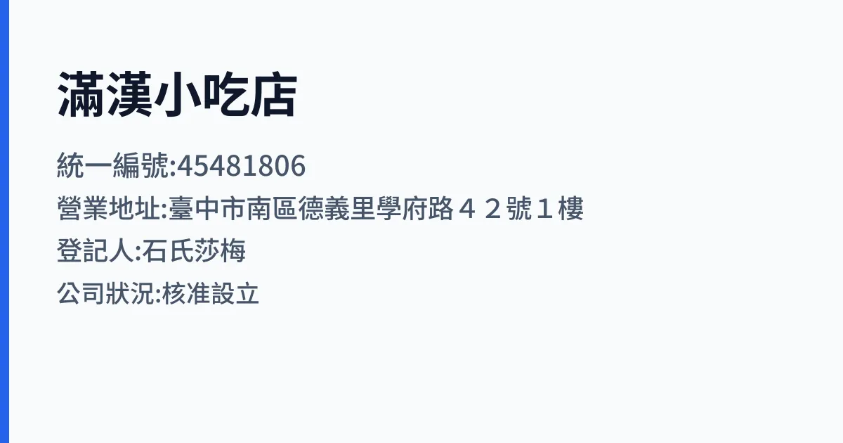 滿漢小吃店 - 統編 45481806(臺中市) 公司登記資料與營業項目詳細圖表