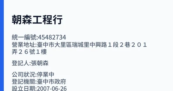 朝森工程行的照片-統編 45482734(臺中市) 公司登記資料與營業項目詳細圖表