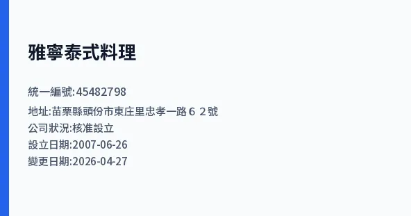 雅寧泰式料理的照片-統編 45482798(苗栗縣) 公司登記資料與營業項目詳細圖表