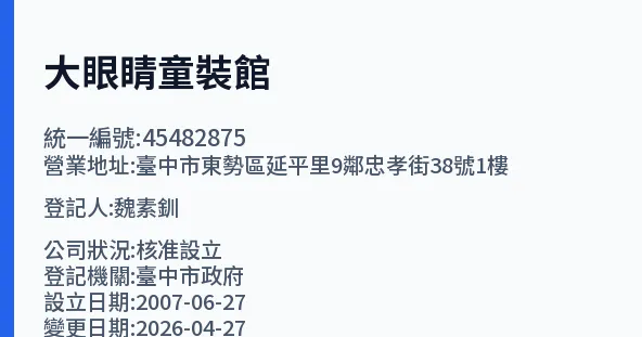 大眼睛童裝館的照片-統編 45482875(臺中市) 公司登記資料與營業項目詳細圖表