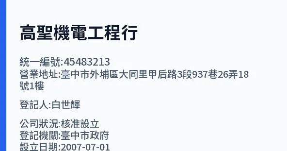 高聖機電工程行的照片-統編 45483213(臺中市) 公司登記資料與營業項目詳細圖表