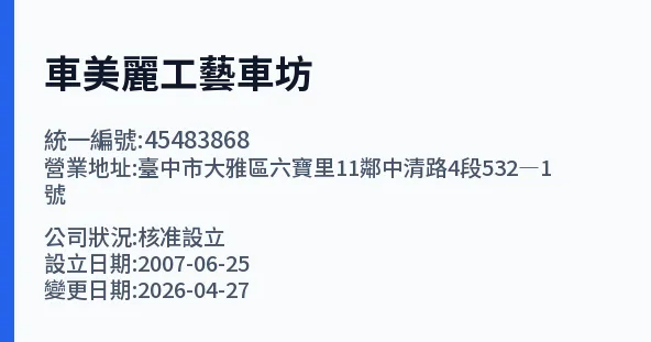 車美麗工藝車坊的照片-統編 45483868(臺中市) 公司登記資料與營業項目詳細圖表