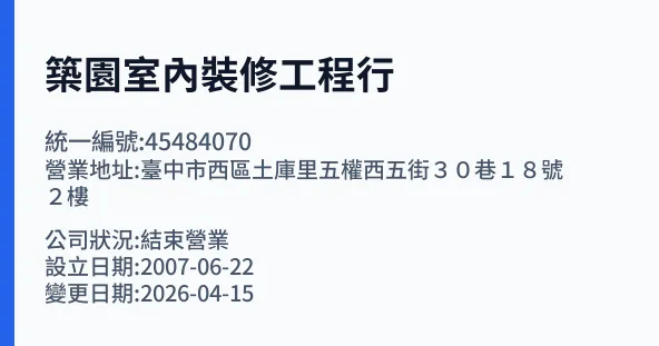 築園室內裝修工程行的照片-統編 45484070(臺中市) 公司登記資料與營業項目詳細圖表