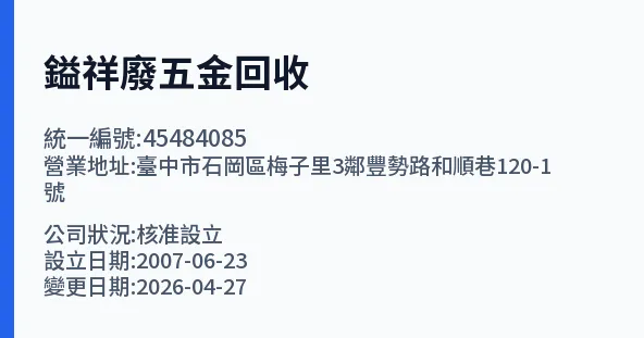 鎰祥廢五金回收的照片-統編 45484085(臺中市) 公司登記資料與營業項目詳細圖表