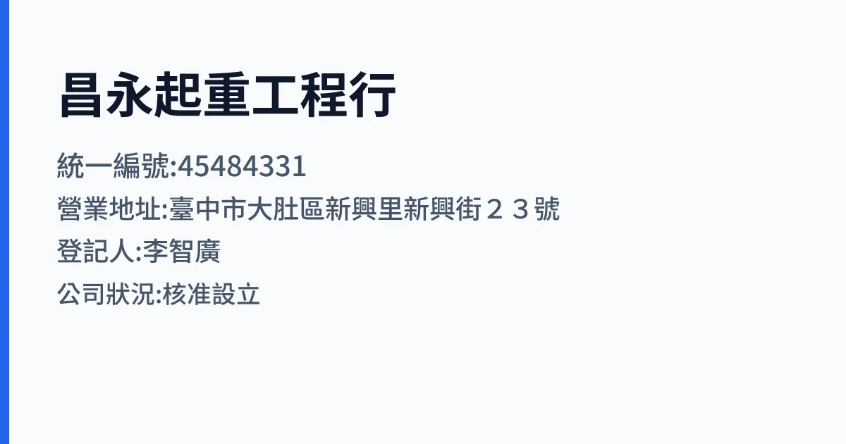 昌永起重工程行 - 統編 45484331(臺中市) 公司登記資料與營業項目詳細圖表