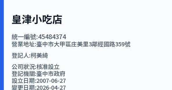 皇津小吃店的照片-統編 45484374(臺中市) 公司登記資料與營業項目詳細圖表