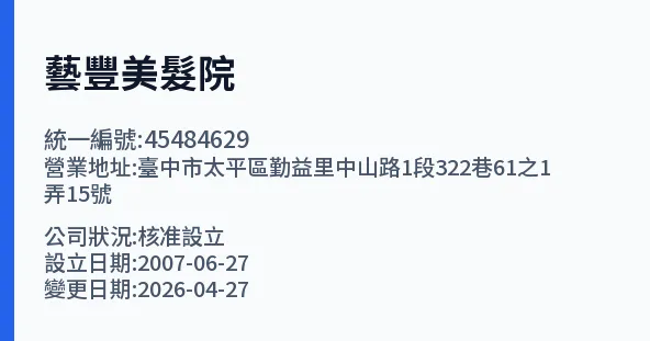 藝豐美髮院的照片-統編 45484629(臺中市) 公司登記資料與營業項目詳細圖表