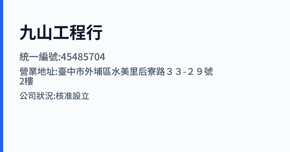 九山工程行 - 統編 45485704(臺中市) 公司登記資料與營業項目詳細圖表