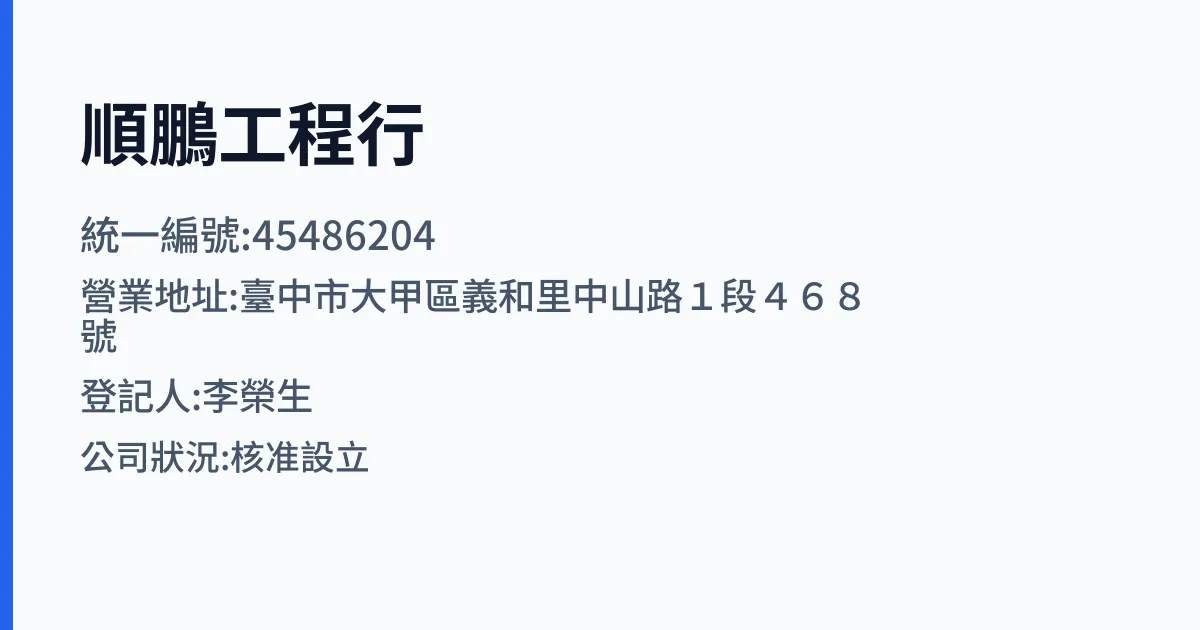 順鵬工程行 - 統編 45486204(臺中市) 公司登記資料與營業項目詳細圖表