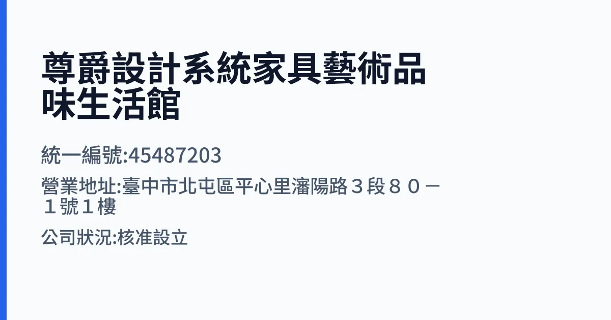 尊爵設計系統家具藝術品味生活館 - 統編 45487203（臺中市） 公司登記資料與營業項目詳細圖表