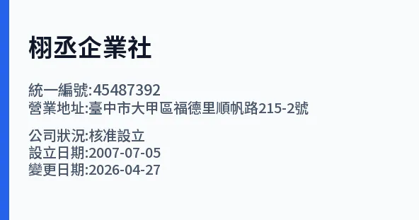 栩丞企業社的照片-統編 45487392(臺中市) 公司登記資料與營業項目詳細圖表