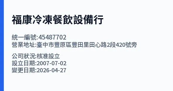 福康冷凍餐飲設備行的照片-統編 45487702(臺中市) 公司登記資料與營業項目詳細圖表