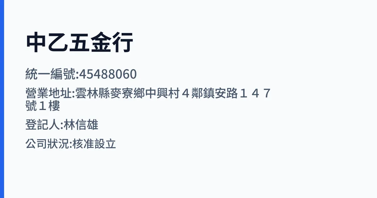 中乙五金行 - 統編 45488060(雲林縣) 公司登記資料與營業項目詳細圖表
