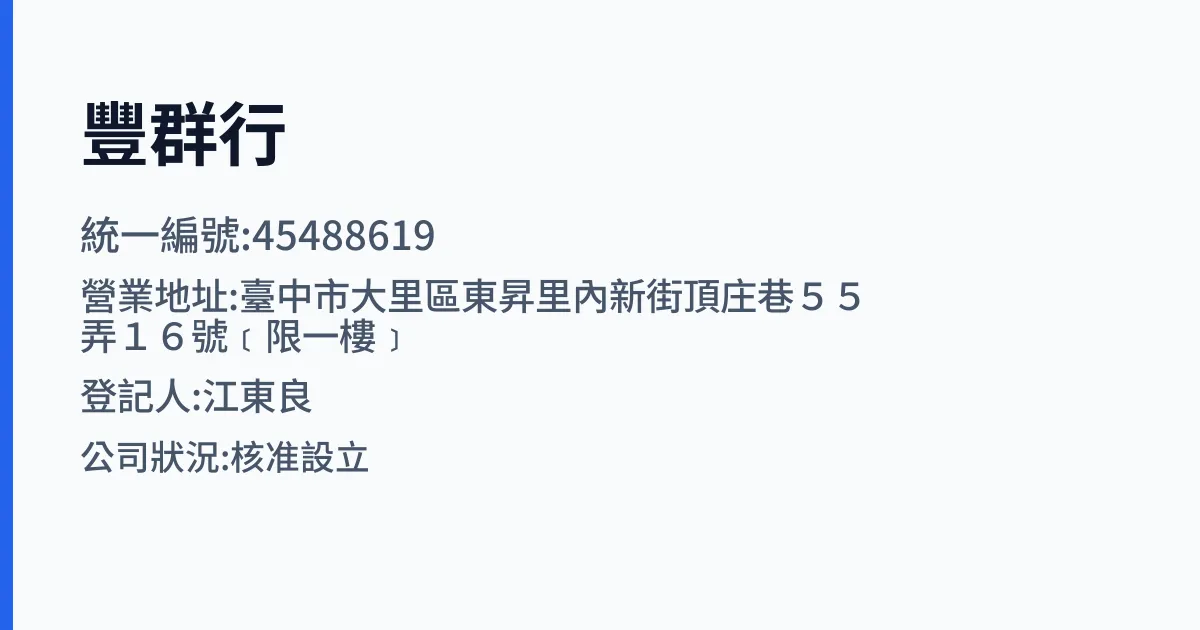 豐群行 - 統編 45488619(臺中市) 公司登記資料與營業項目詳細圖表