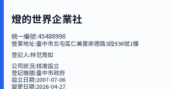 燈的世界企業社的照片-統編 45488998(臺中市) 公司登記資料與營業項目詳細圖表